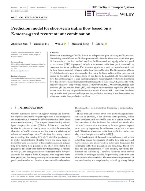 Pdf Prediction Model For Short‐term Traffic Flow Based On A K‐means‐gated Recurrent Unit