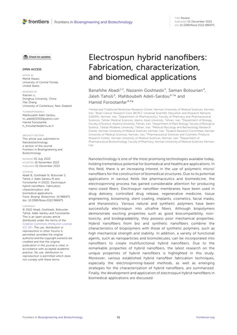 Pdf Electrospun Hybrid Nanofibers Fabrication Characterization And Biomedical Applications
