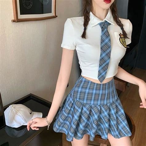 하블리마켓 블루 체크 교복 넥타이 스커트 교복 코스프레 세트