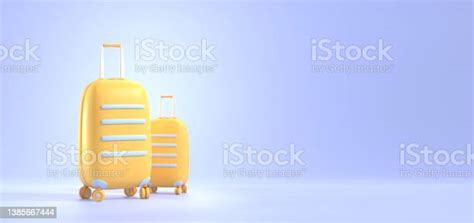 바퀴가 달린 노란색 플라스틱 가방 각도 보기 여름 여행이나 보라색 배경에 고립 된 휴가 여행을위한 수하물 가방 항공편 및 바다