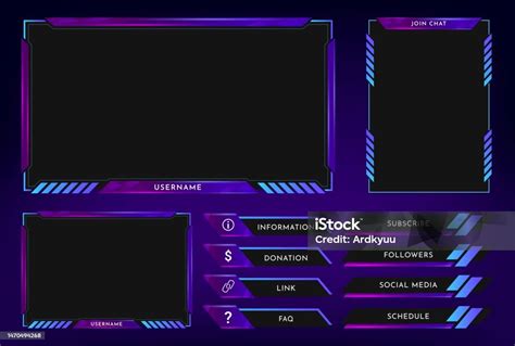 네온 테마가 있는 Twitch 스트림 오버레이 패널 템플릿입니다 디지털 스트리밍 화면 인터페이스 라이브 비디오 스트림 벡터