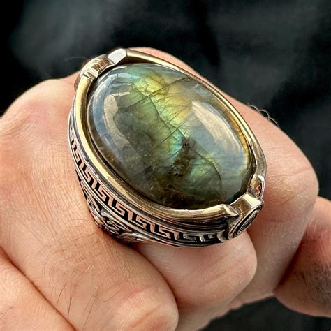 Men Silver Natural Labradorite Mens Ring Large Natural Labradorite