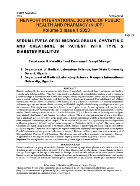 Serum Levels Of B2 Microglobulin Cystatin C And Creatinine In Patient With Type 2 Diabetes