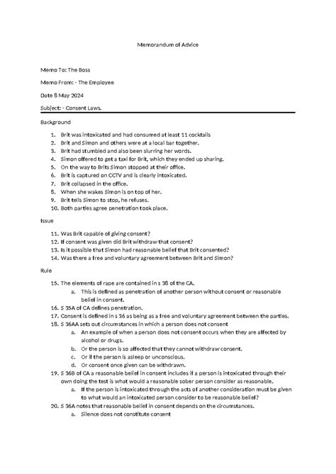 Memorandum Of Advice Sexual Offences Memorandum Of Advice Memo To The Boss Memo From The