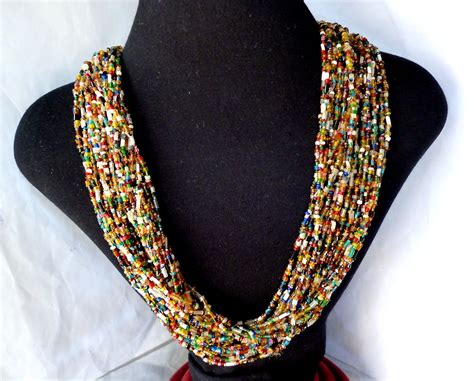 Vintage Bohemian Multi Color Glass Bead Long Torsade Necklace Huge Clasp 1960s Necklaces