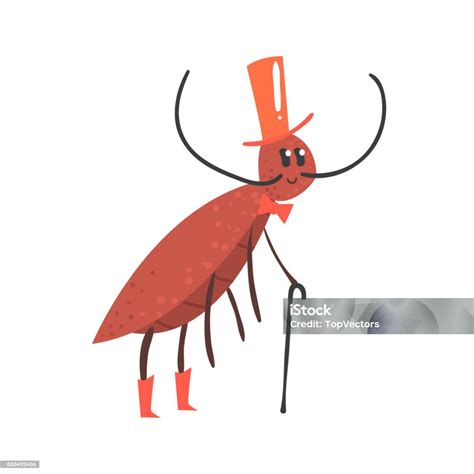 귀여운 만화 크리켓 캐릭터 모자를 착용 하 고 지팡이 벡터 일러스트 레이 션을 들고 갈색에 대한 스톡 벡터 아트 및 기타 이미지