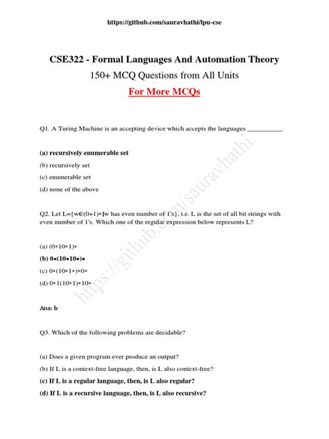 Cse322 Formal Languages And Automation Theory 150 Mcq Questions Pdf Models Of Computation