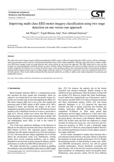 Pdf Improving Multi Class Eeg Motor Imagery Classification Using Two Stage Detection On One