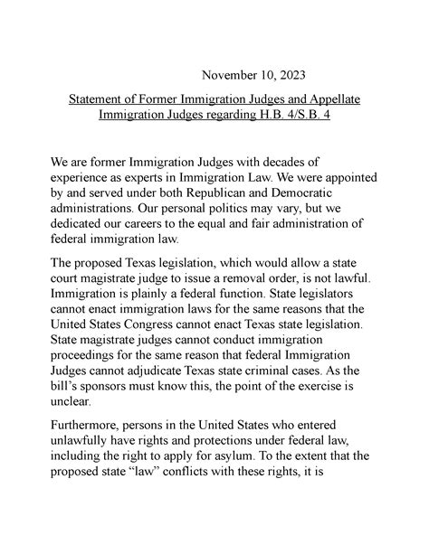 Statement Of Former Immigration Judges And Appellate Immigration Judges Regarding H B 4 S B 4