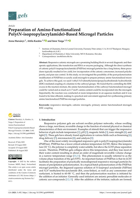 Pdf Preparation Of Amino Functionalized Polyn Isopropylacrylamide Based Microgel Particles