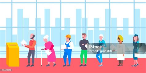 선거 일 개념 다른 직업 유권자 투표 장소에서 투표용지를 주 물 하는 것은 혼합 종족 사람들은 종이 투표 지를 상자 전체 길이 평면 수평으로 퍼 팅 Referendum에