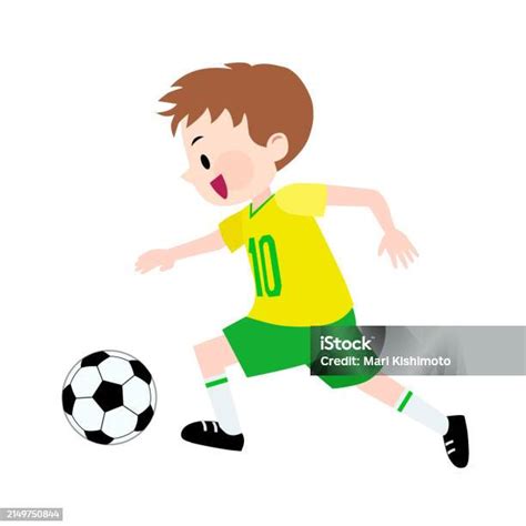 노란색과 초록색 유니폼을 입고 축구공을 차는 소년의 그림 벡터 일러스트 레이 션 건강한 생활방식에 대한 스톡 벡터 아트 및 기타 이미지 건강한 생활방식 경기 스포츠