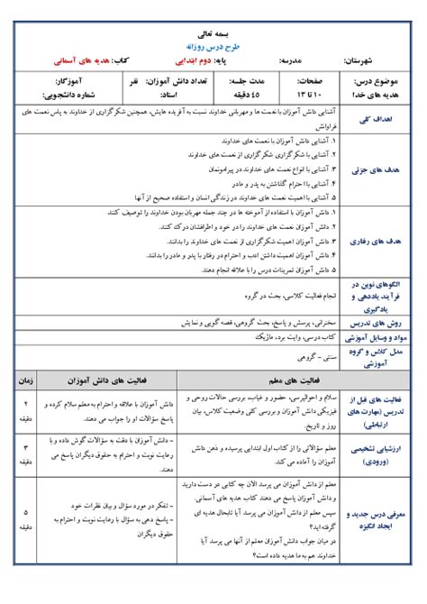 طرح درس روزانه هدیه‌های آسمانی دوم دبستان درس 1 هدیه‌های خدا گاما