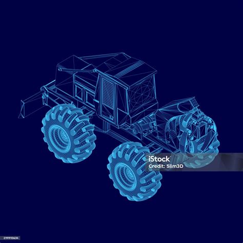 큰 타이어가 달린 파란색 트럭이 파란색 배경으로 표시됩니다 트럭은 중장비 작업에 사용될 가능성이 있는 크고 강력한 차량입니다 힘과 내구성의 개념 Draft Sports에