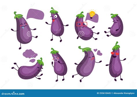 Eggplant Funny Character Smileys Set Vector Flat Illustration Cute