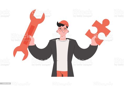 한 남자가 허리 깊숙이 서서 손에 렌치를 쥐고 있습니다 격리 프리젠 테이션 사이트를위한 요소 개념에 대한 스톡 벡터 아트 및 기타 이미지 Istock