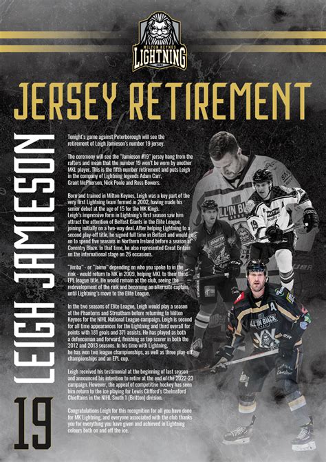 19 Leigh Jamieson Jersey Retirement Milton Keynes Lightning Ice Hockey