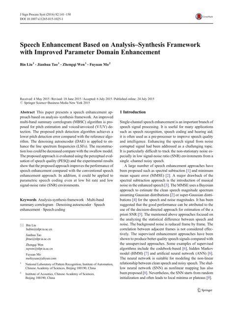 Pdf Speech Enhancement Based On Analysissynthesis Framework With Improved Parameter Domain