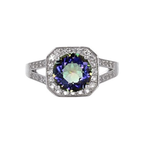 Blue Mystic Quartz Ring In Sterling Silver With White Topaz Halo Roma