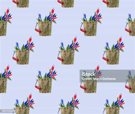 튤립나무 양동이의 매끄러운 패턴 원예의 요소 분홍색 배경에 손으로 그린 수채화 일러스트레이션 꽃 시장 벽지 직물 스크랩 북 포장 0명에 대한 스톡 벡터 아트 및 기타 이미지