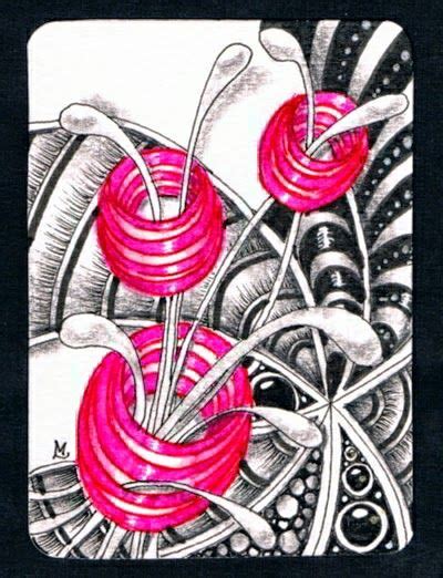 An Artistic Drawing With Pink Yarn And Black Ink On White Paper In The Shape Of A Flower