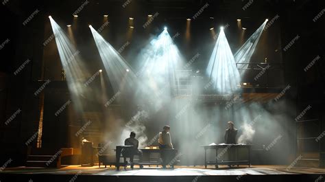 Theatrical Stage With Three Actors Illuminated By Spotlights Premium