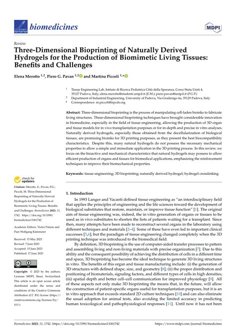 Pdf Three Dimensional Bioprinting Of Naturally Derived Hydrogels For The Production Of
