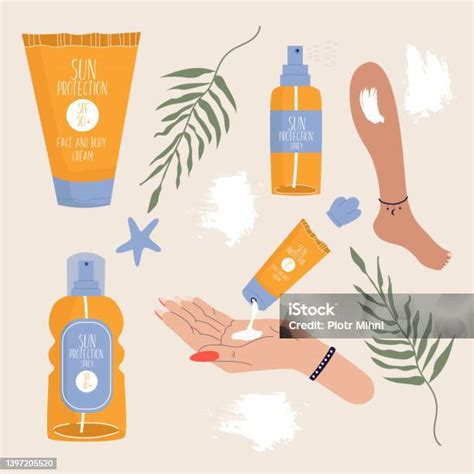 태양 보호 키트 손으로 그린 자외선 차단제 스프레이 로션 크림 마스크 다리와 팔에 야자수 잎과 피부 관리를위한 화장품 개념에 대한 스톡 벡터 아트 및 기타 이미지 Istock