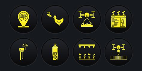 라우터 및 와이파이 신호 스마트 농업 기술 휴대용 센서 자동 관개 스프링클러 드론 치킨 카메라 및 위치 트리 아이콘을 설정합니다 벡터 검은색에 대한 스톡 벡터 아트 및 기타