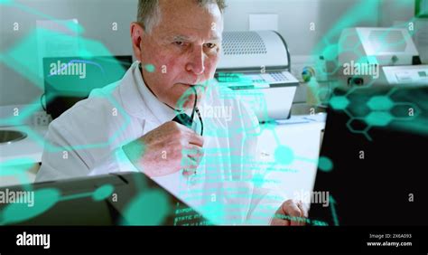 Image Of Medical Data Processing On Caucasian Senior Male Scientist Using Computer At Laboratory