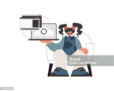 활력이 넘치는 여성은 데이터가 동기화되는 태블릿을 들고 있습니다 보관 트렌디한 스타일 벡터 일러스트레이션 그래픽 사용자 인터페이스에 대한 스톡 벡터 아트 및 기타 이미지