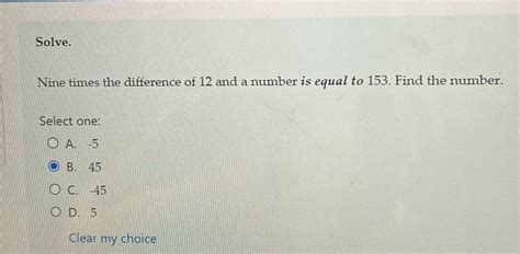 [solved] solve nine times the difference of 12 and a number is equal to course hero