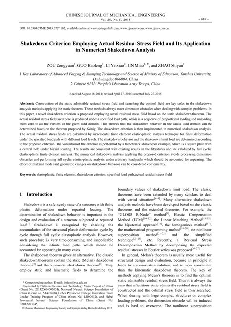 Pdf Shakedown Criterion Employing Actual Residual Stress Field And Its Application In