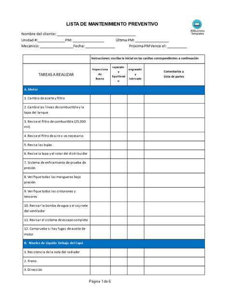 Lista De Mantenimiento Preventivo Templates At