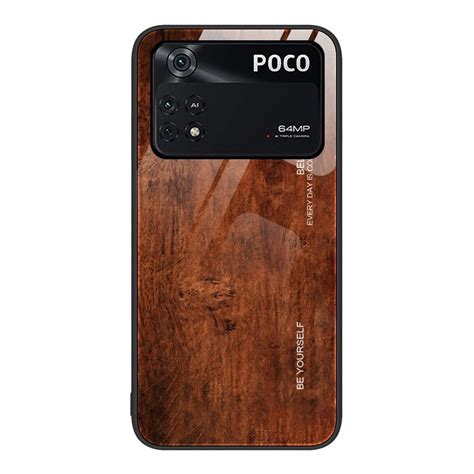 For Xiaomi Poco M4 Pro 4g Wood Grain Glass Protective Case Dark Brown