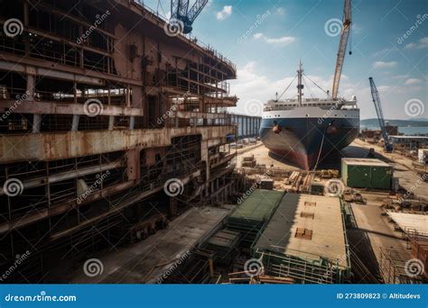 Shipyard With Enormous Ship Being Built From Start To Finish Stock