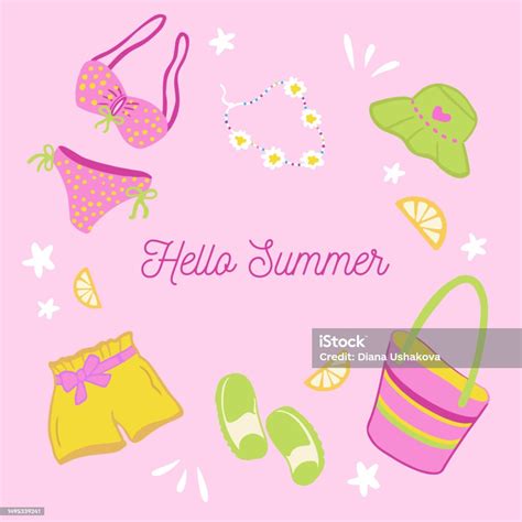 현대적인 스타일과 색상으로 손으로 그린 여름 옷 엽서 배너 및 소셜 미디어를 위한 텍스트 공간이 있는 분홍색 템플릿입니다 파나마 구슬 목걸이 수영복 반바지 밀짚 가방 레몬