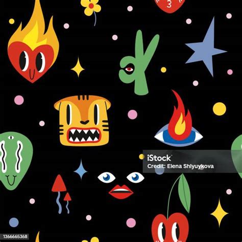 재미있는 만화 귀여운 캐릭터와 낙서와 원활한 패턴 호랑이 체리 외계인 곡선에 대한 스톡 벡터 아트 및 기타 이미지 곡선 괴짜 귀여운 Istock