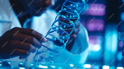Premium Ai Image Dna Research In Hightech Lab Scientist Analyzing Radiant Digital Dna With