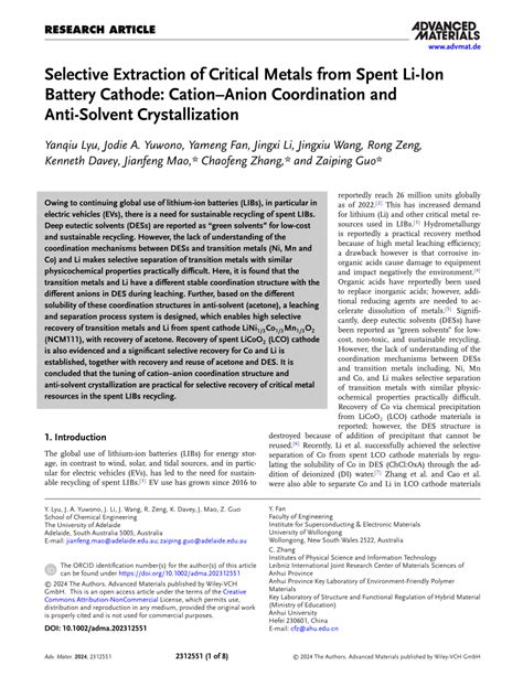Pdf Selective Extraction Of Critical Metals From Spent Li‐ion Battery