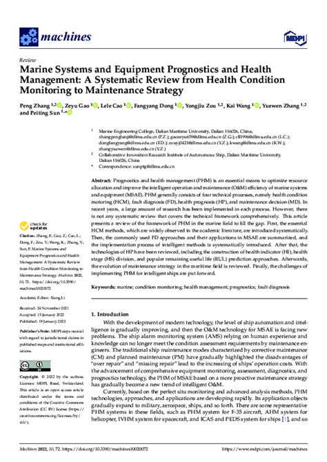 Pdf Marine Systems And Equipment Prognostics And Health Management A Systematic Review From