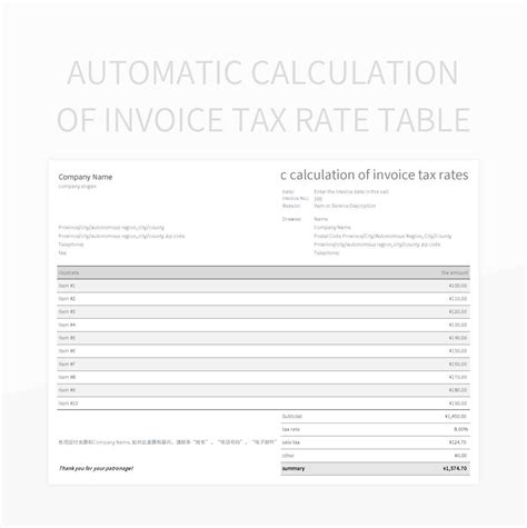 Automatic Calculation Of Invoice Tax Rate Table Excel Template And