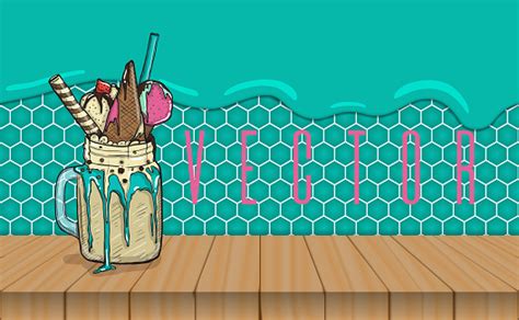 와플 딸기와 아이스크림 스타일 밀크를 만화 나무 테이블과 민트 배경입니다 개념에 대한 스톡 벡터 아트 및 기타 이미지 개념 광고 꿀 Istock