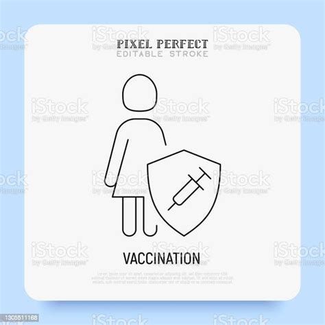 코로나바이러스 예방 접종 바이러스 보호 여성은 백신으로 방패로 보호됩니다 면역 체계 얇은 선 아이콘입니다 픽셀 완벽 편집 가능한 스트로크 벡터 그림입니다 0명에 대한 스톡