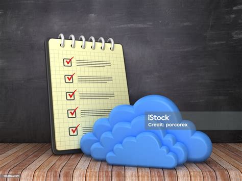 칠판 배경에 클라우드 컴퓨팅과 목록 노트 패드 확인3d 렌더링 공유 개념에 대한 스톡 사진 및 기타 이미지 공유 개념 3차원 형태 검사 보기 Istock