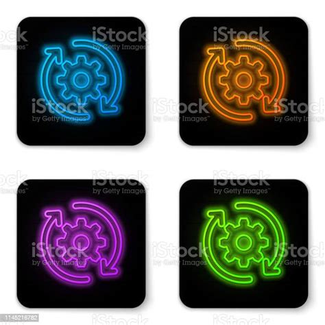 흰색 배경에 고립 된 워크플로 개념 아이콘으로 네온 기어와 화살표 빛나는 기어 다시 로드 기호입니다 검은색 사각형 단추입니다 벡터 일러스트 개념에 대한 스톡 벡터 아트 및