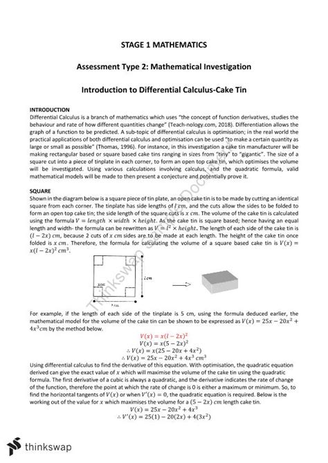 Calculus Cake Tin Investigation Mathematical Methods Year 11 Sace Thinkswap
