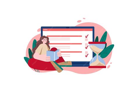 플랫 만화 스타일의 사람 장면을 사용한 빨간색 개념 시간 관리 소녀는 쉬는 데 시간이 걸렸습니다 프리미엄 벡터