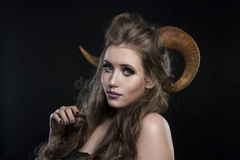 Portrait Of An Attractive Demon Woman With Horns Stock Image Image Of