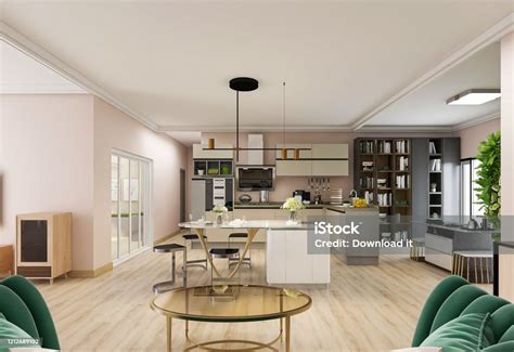 3d 렌더링 바와 의자가있는 개방형 식당 주방 깨끗하고 깔끔한 주방 햇볕이 잘 드는 넓은 식당 0명에 대한 스톡 사진 및 기타 이미지 Istock
